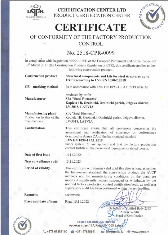 Certificates - Steel Elements