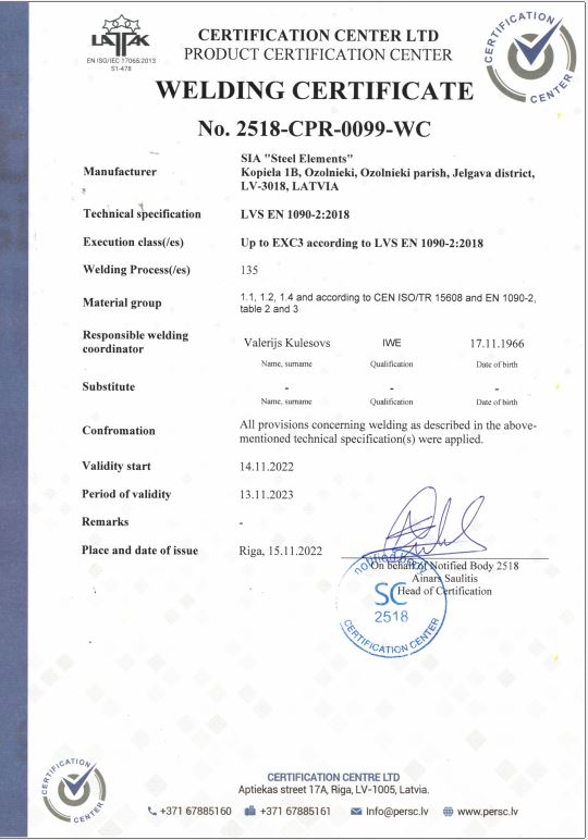Certificates - Steel Elements
